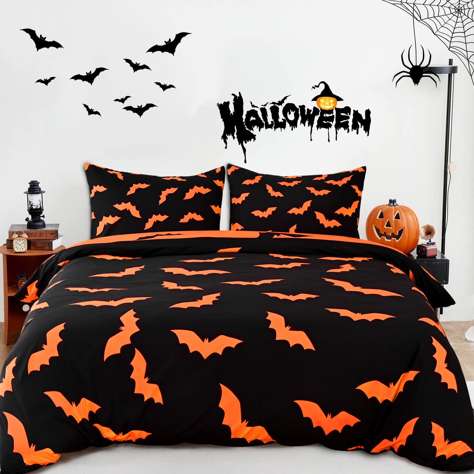 ASPMIZ 3 Piece Halloween Duvet Cover Queen Size Set, Black Bats Duvet Cover Set with Zipper Closure, Orange Flying Bat Comforter Cover Set 1 Duvet Cover 90 x 90 inches & 2 Pillow Shams