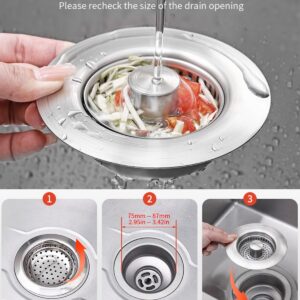 RLQXG 3 in 1 Kitchen Sink Drain Strainer [304 Stainless Steel Pop Up] Anti-Clogging Kitchen Sink Drain Stopper Stainless Steel Efficiently Drainage Odor Filter Sink Plug for Us Standard 3-1/2 Inch