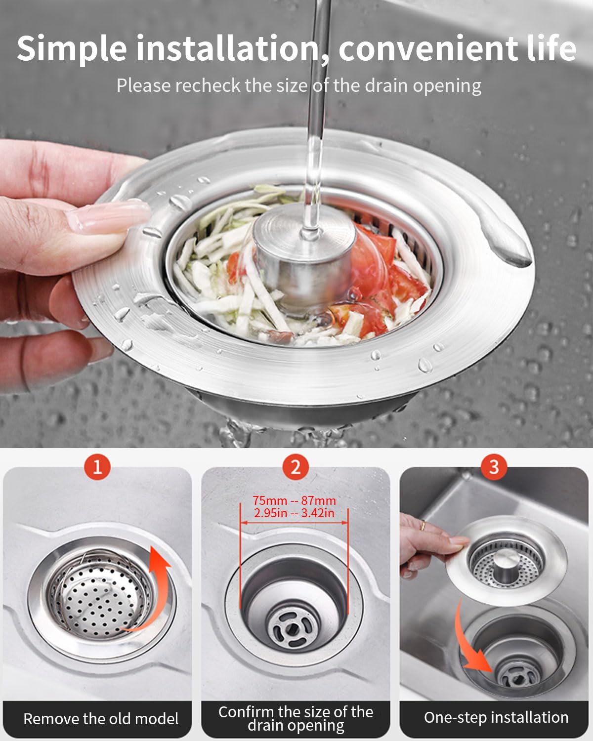 RLQXG 3 in 1 Kitchen Sink Drain Strainer [304 Stainless Steel Pop Up] Anti-Clogging Kitchen Sink Drain Stopper Stainless Steel Efficiently Drainage Odor Filter Sink Plug for Us Standard 3-1/2 Inch