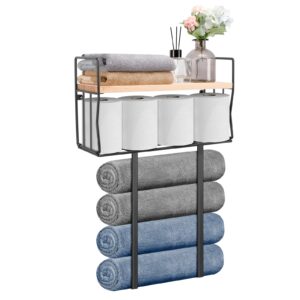 livabber towel racks for bathroom, metal towel storage holder for roll towels, wall mounted towel organizer with storage basket and wooden shelf for small bathroom (black)