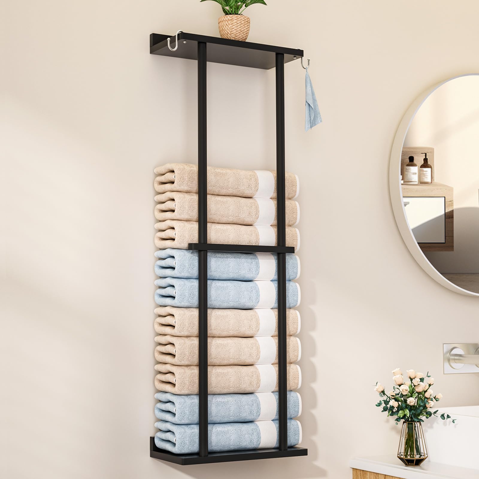 Cozivolife Bamboo Towel Rack for Bathroom with 2 Hooks, 32.7 inch with Shelf Wall Mounted Towel Storage Organizer, Large Capacity Towel Holder for Bathe Towels and Hand Towels (Black)