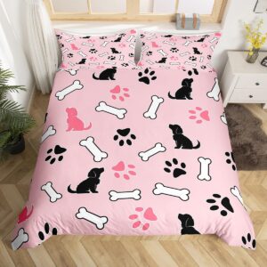 castle fairy cute dog pattern bedding set,pink black white comforter cover set for teens women room decor,dog paw print duvet cover breathable kawaii animals bedspread cover full size