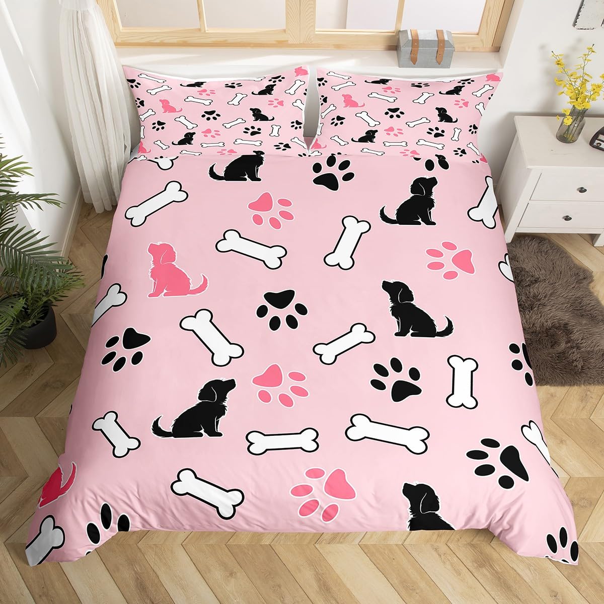 Castle Fairy Cute Dog Pattern Bedding Set,Pink Black White Comforter Cover Set for Teens Women Room Decor,Dog Paw Print Duvet Cover Breathable Kawaii Animals Bedspread Cover Full Size