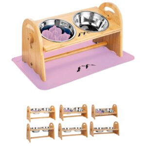 m1r4 pink elevated dog bowls set, adjustable raised dog food bowl stand, 2 stainless steel bowls, silicone waterproof mat, suction slow feeder, durable bamboo stand, for small/medium dogs and cats