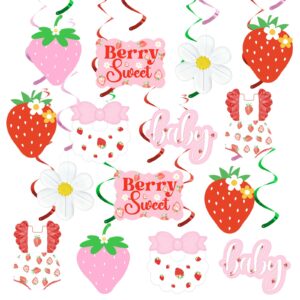 strawberry baby shower party hanging swirls decorations, strawberry theme 1st birthday ceiling streamers, summer fruit a berry sweet baby is on the way baby shower mom to be girls first birthday party