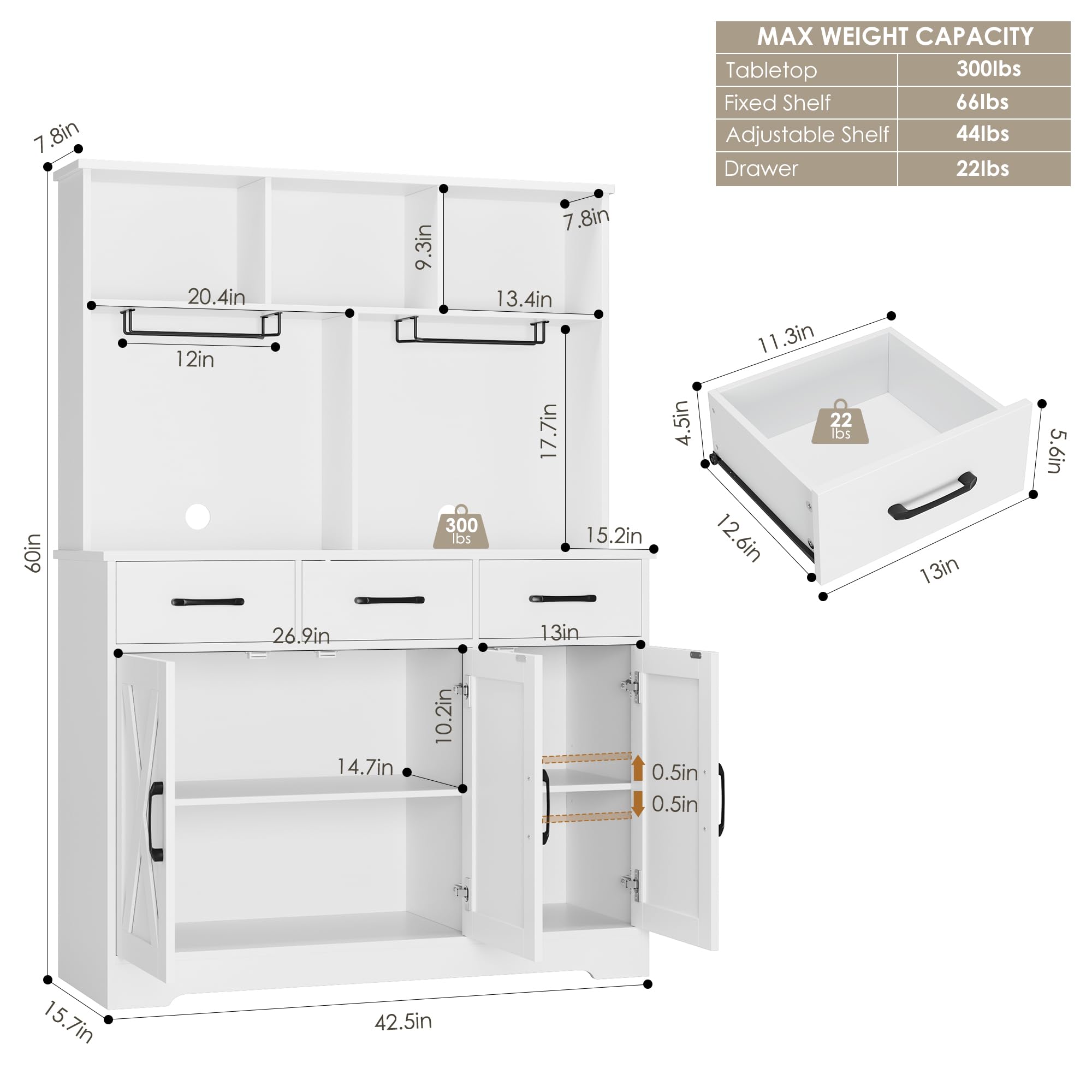 HOSTACK Buffet Cabinet with Hutch, Modern Farmhouse Kitchen Buffet Sideboard Storage Cabinet with 3 Drawers, Barn Door Coffee Bar Station, Liquor Cabinet for Dining Room, Living Room, White