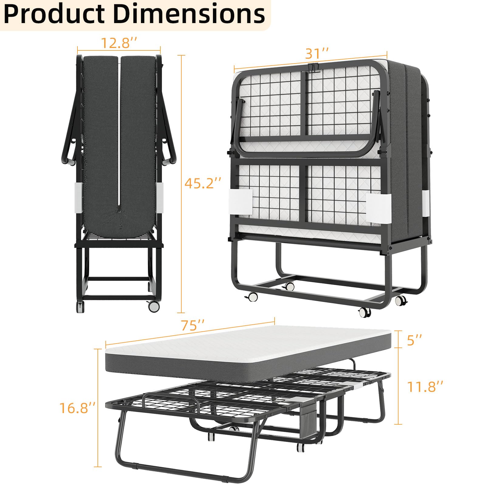 VERMESS Folding Bed with Mattress, Rollaway Bed for Adults, Portable Foldable Roll Away Adult Guest Day Bed with 5 Inch Memory Foam Mattress, Space-Saving Fold up Twin Size Bed Metal Frame, 75" x 32"