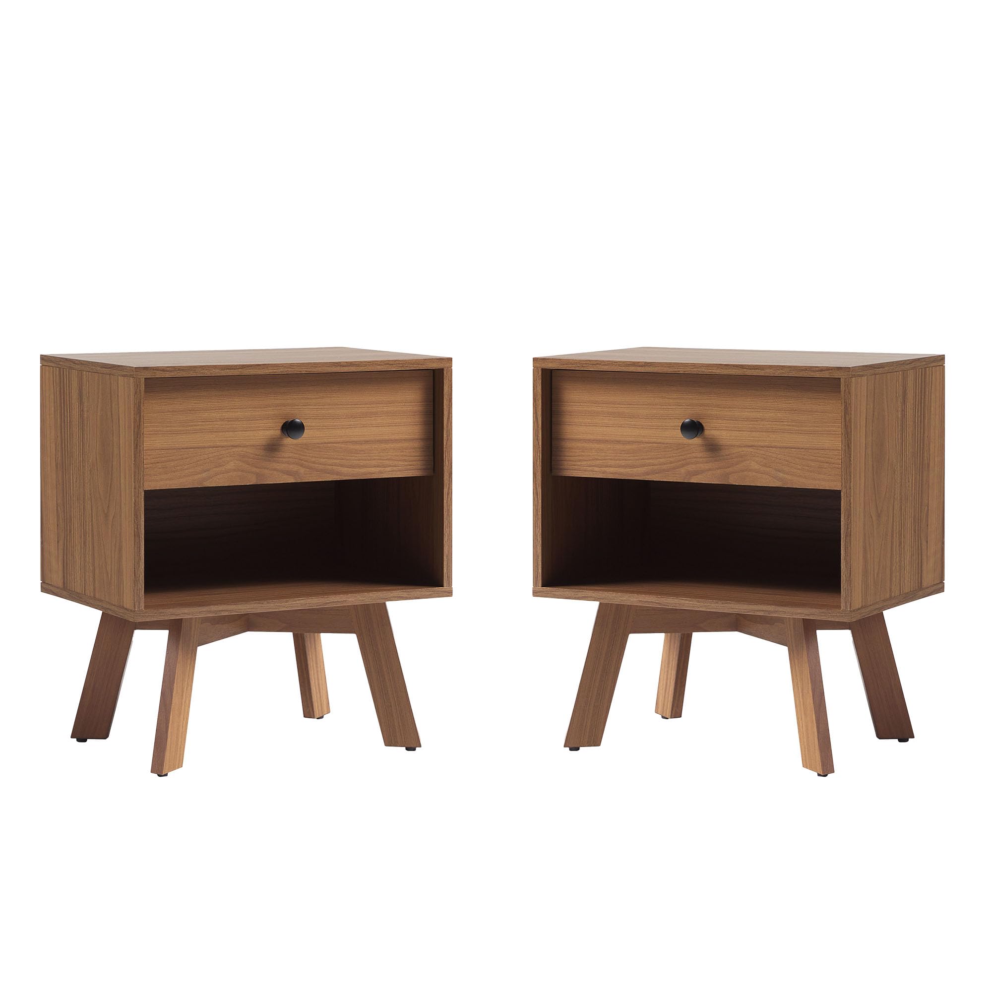 Walker Edison Mid-Century Modern 1-Drawer Nightstand Bedroom Storage Drawer and Shelf Bedside End Table, 21 Inch, Set of 2, Mocha