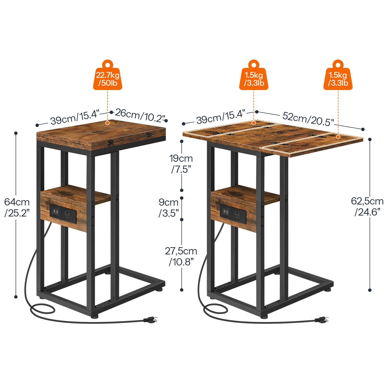 HOOBRO Foldable End Table, C Shaped Side Table with Charging Station, Sofa Couch Table That Slide Under for Living Room Bedroom Small Spaces, Easy Assembly, Rustic Brown and Black BF29USF01