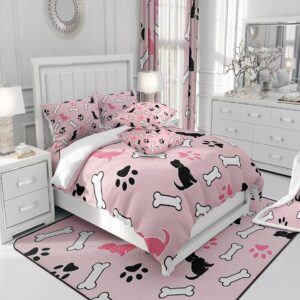 Castle Fairy Cute Dog Pattern Bedding Set,Pink Black White Comforter Cover Set for Teens Women Room Decor,Dog Paw Print Duvet Cover Breathable Kawaii Animals Bedspread Cover Full Size