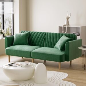 OUYESSIR Velvet Futon Sofa Bed, 75.3" Couch Small Sofa, Loveseat, Convertible Futon Sleeper Sofa with Folding Armrests, Modern Couch for Bedroom, Living Room, Emerald Green