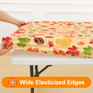 Smiry Plastic Thanksgiving Tablecloth, Fall Leaves Waterproof Elastic Fitted Table Covers for 6 Foot Tables, Wipeable Flannel Backed Vinyl Tablecloths for Autumn Harvest, Parties (Rust, 30x72 Inches)