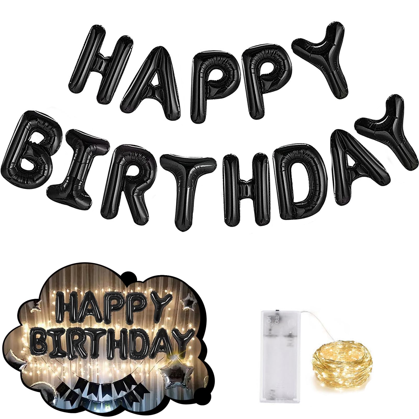 CANREVEL Happy Birthday Banner 13pcs 16 Inch Mylar Foil Letters Sign Balloons with LED Lights Birthday Party Decorations for Kids and Adults - 3D Black