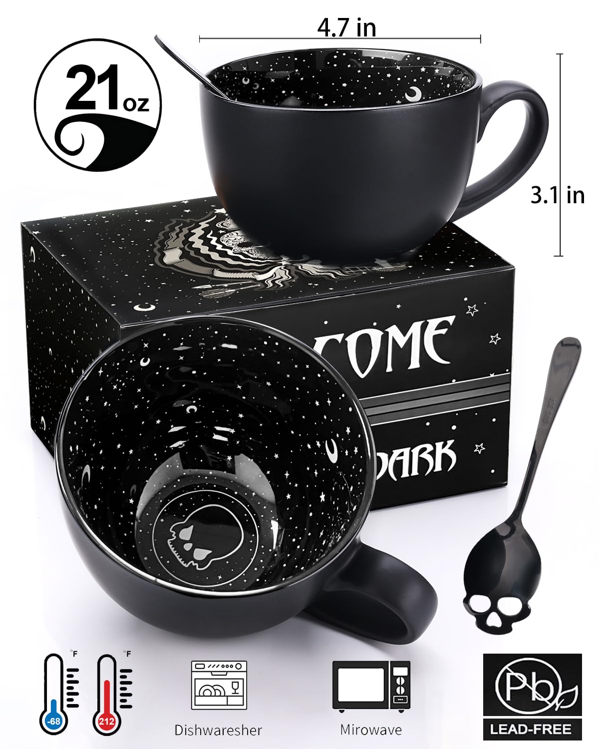 Maaacute Midnight Skull Coffee Mugs with Spoons, Halloween Christmas Birthday White Elephant Weird Gifts for Women Men Girl Friends, Halloween Spooky Witchy Gothis Decor Horror Novelty Tea Cups