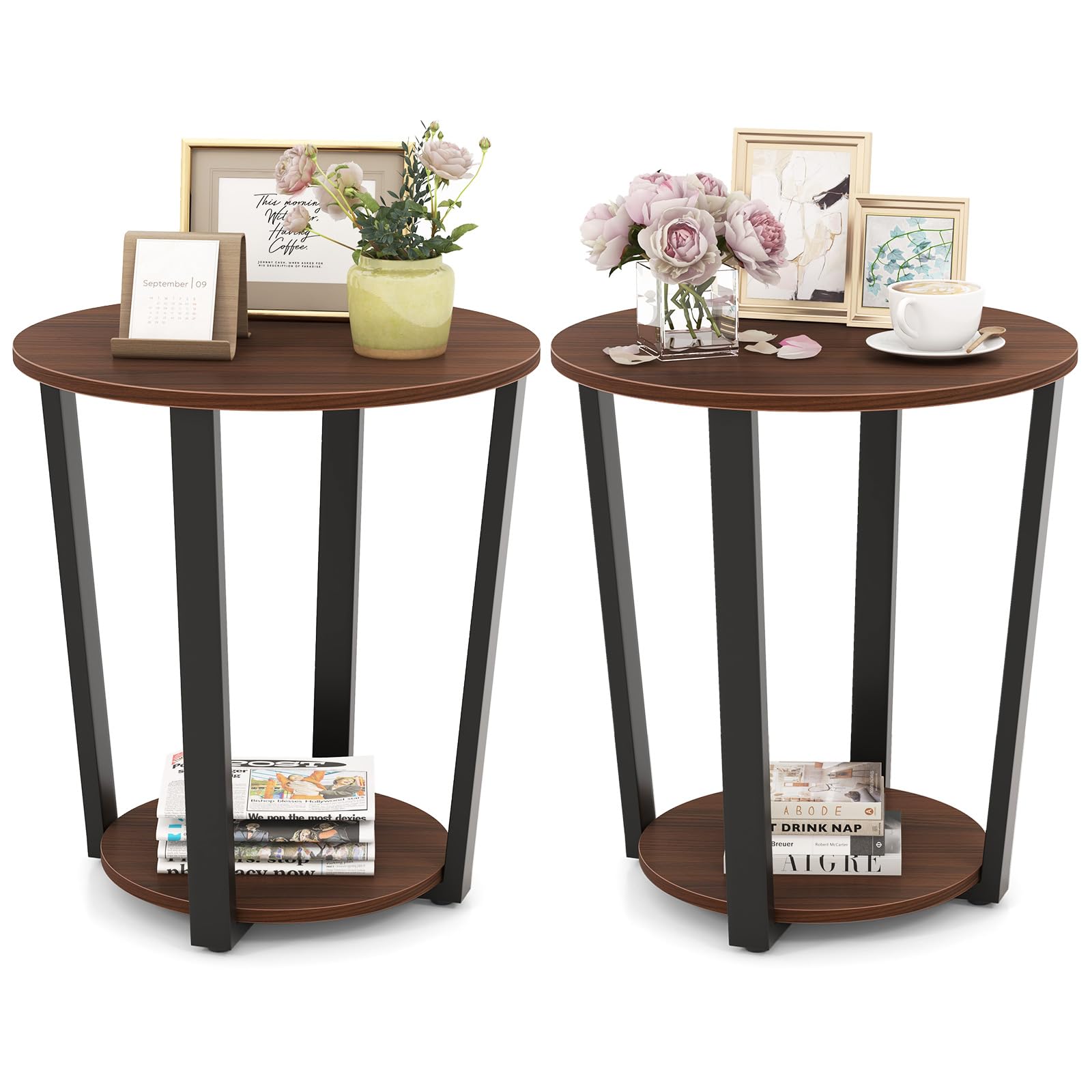 Giantex Round End Table Set of 2, 2-Tier Side Sofa Table with Open Storage Shelf and Metal Frame, Industrial Nightstand Bedside Table for Living Room, Bedroom, Small Space, Accent Furniture, Walnut