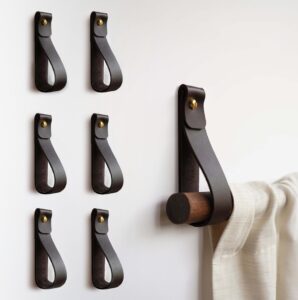 6pk genuine leather sustainably sourced by keyaiira - the original wall strap - decorative curtain rod holder bracket wall mount hanging display loop, oars, blankets, macrame (chocolate, brass screws)