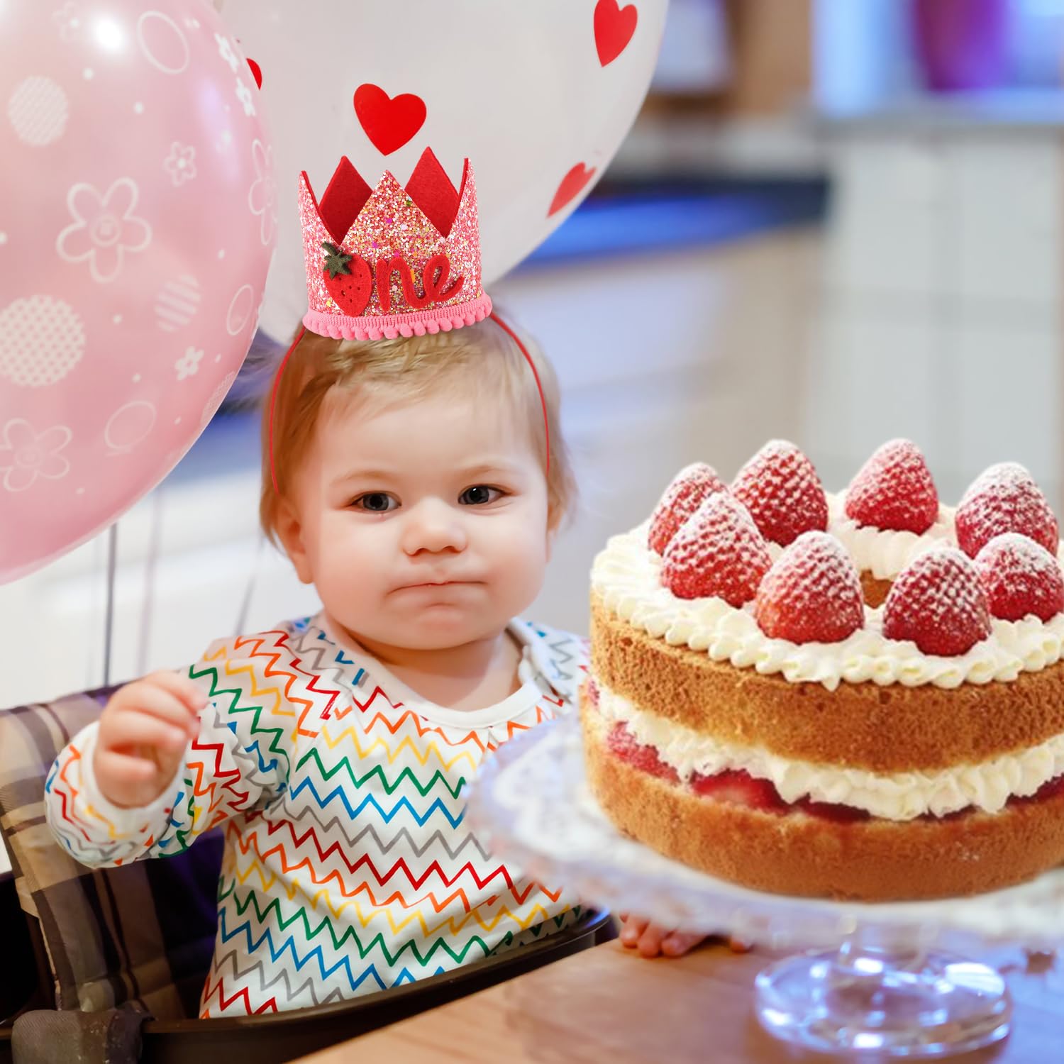 PEUTIER Strawberry 1st Birthday Hat for Baby Girls, Pink Sequin Berry Headwear First Birthday Decoration Sweet One 1st Birthday Headband for Baby Shower Party Decor Photo Props