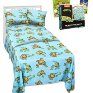 Teenage Mutant Ninja Turtles Bedding Set Toddler Bed - Bundle with TMNT Bed Sheets with Flat Sheet, Fitted Sheet, and Pillowcase for Twin Bed Plus Tattoos, More | TMNT Sheets Twin