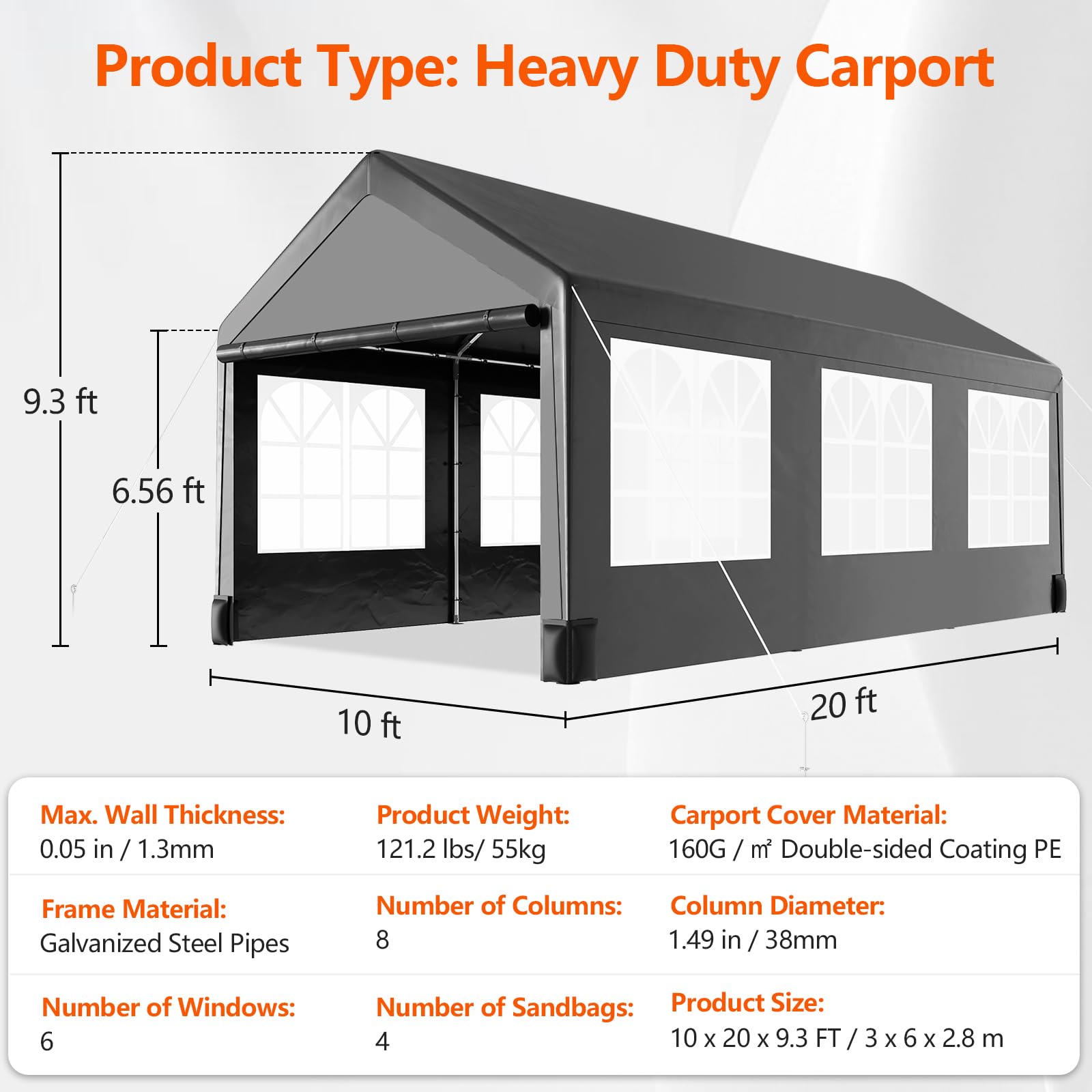 GarveeLife 10 * 20 Heavy Duty Carport Canopy, Portable Car Tent Garage with 6 Roll-up Windows and All-Season Tarp Cover, Metal Roof & 4 Sandbags for Car, SUV, Truck & Boat, Grey