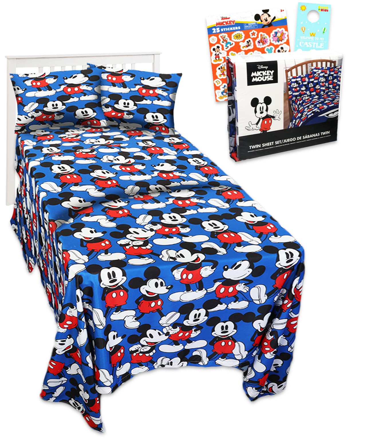 Mickey Mouse Twin Bedding Set for Toddlers - Bundle Includes Mickey Mouse Sheets with Flat Sheet, Fitted Sheet, and Pillowcase for Twin Bed Plus Stickers, More | Mickey Mouse Bedroom Decor