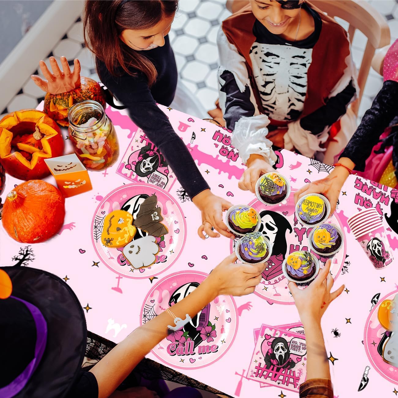 Halloween Decorations 121PCS Pink No You Hang Up Halloween Disposable Tableware Including Call Me Halloween Plates Halloween Cups Halloween Napkins and Halloween Tablecloths Serve 30