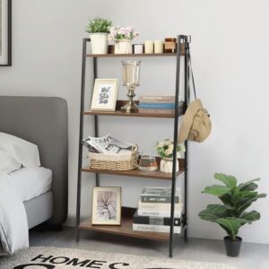 Bookshelf 4-Tier, 23.5inch Ladder Shelf, Industrial Bookcases, Etagere Utility Organizer Shelves, Small Freestanding Display Shelves with Metal Frame for Bedroom, Living Room, Plant, Brown