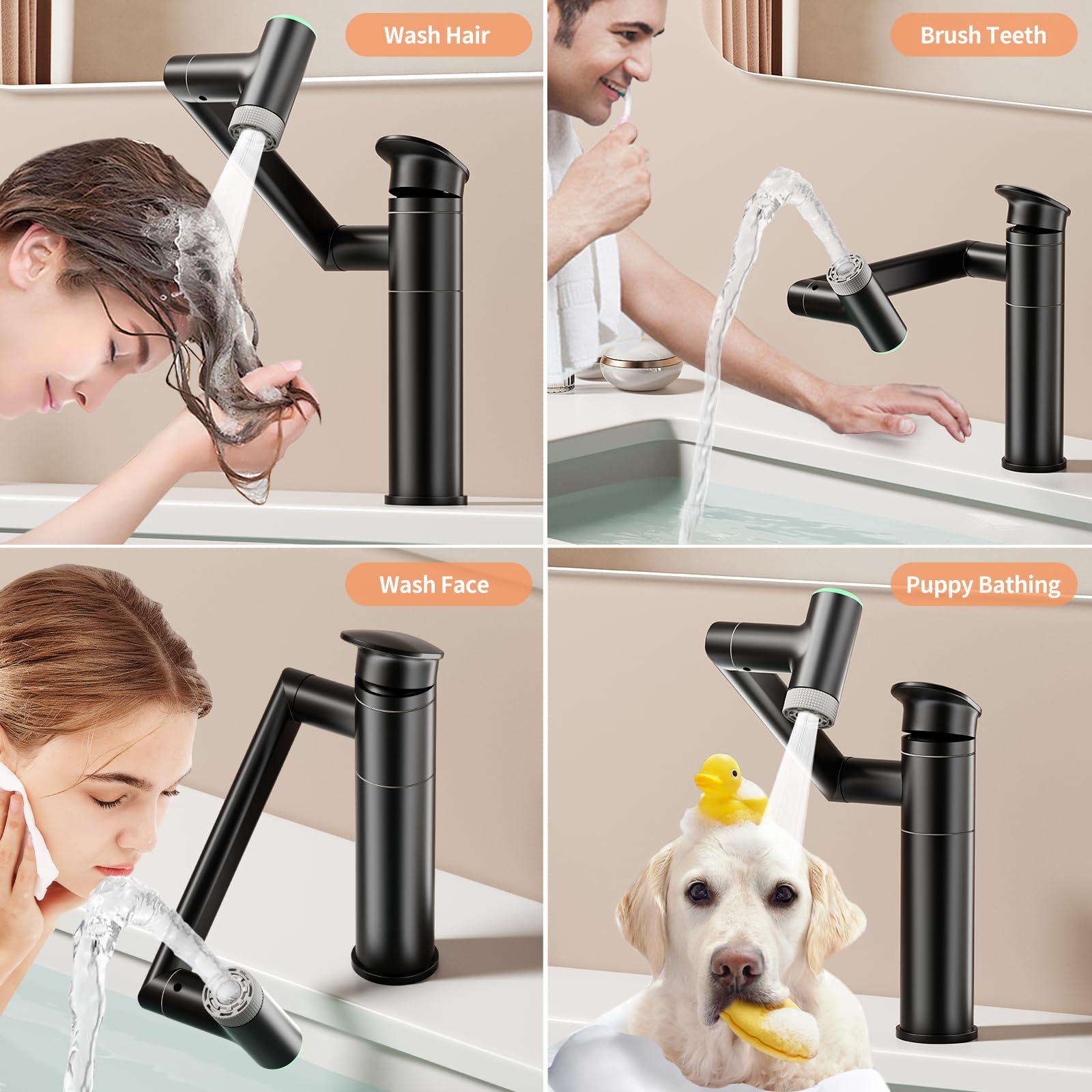 SINGSUO 1080°Rotatable Bathroom Vanity Faucet 1 Hole, Height Adjustable Single Handle Sink Faucet Bathroom with 2 Water Outlet Modes, Bar Sink Faucet Single Hole with Temperature Display (Black)