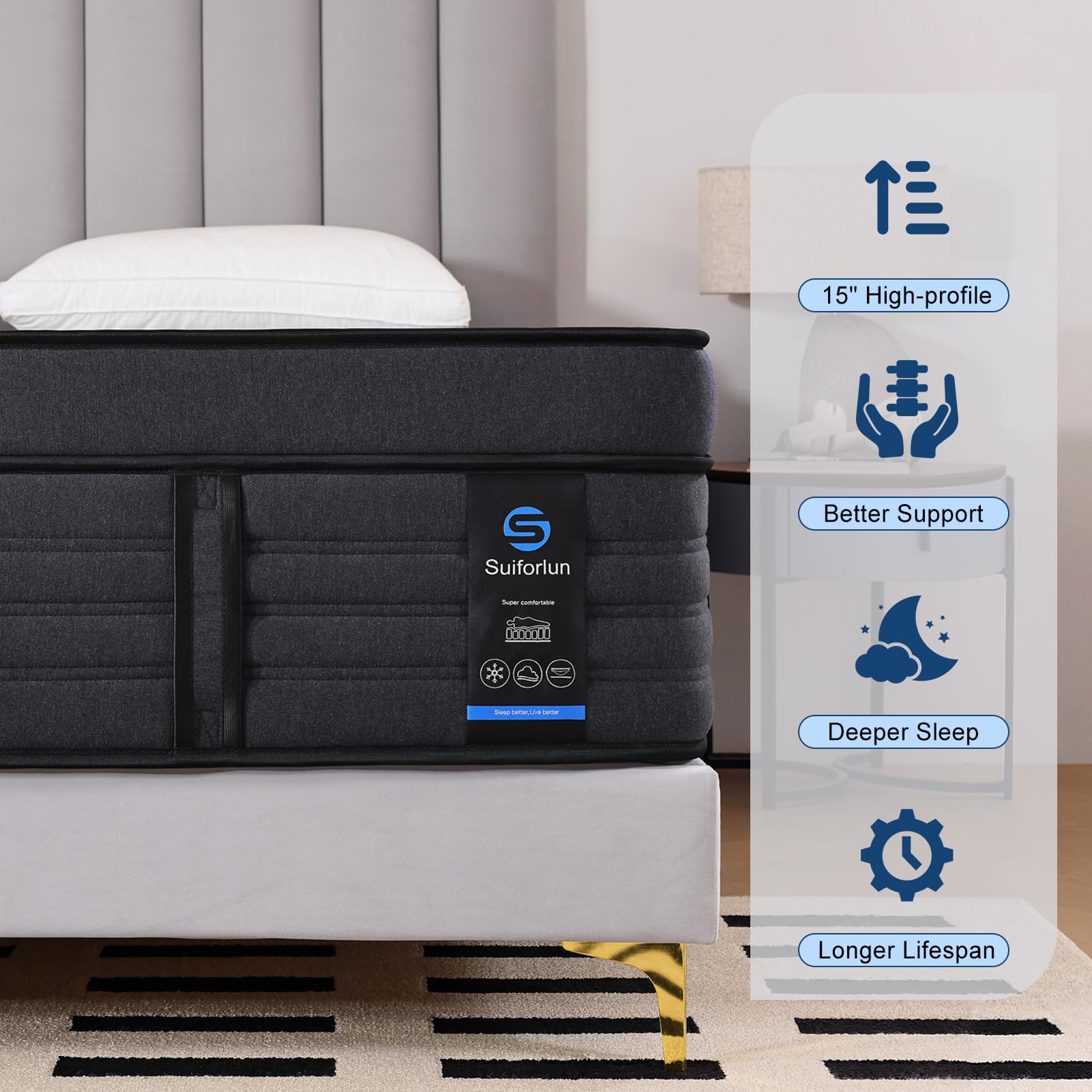 Suiforlun 15" King Mattress, Gel & Bamboo Charcoal Infused Memory Foam, Medium Euro Top Hybrid Pocket Spring Mattress for Restful Sleep, Enhanced Pressure Relief and Edge Support, 120 Nights Trial