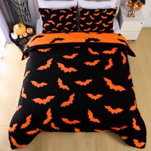 ASPMIZ 3 Piece Halloween Duvet Cover Queen Size Set, Black Bats Duvet Cover Set with Zipper Closure, Orange Flying Bat Comforter Cover Set 1 Duvet Cover 90 x 90 inches & 2 Pillow Shams