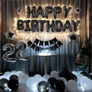 CANREVEL Happy Birthday Banner 13pcs 16 Inch Mylar Foil Letters Sign Balloons with LED Lights Birthday Party Decorations for Kids and Adults - 3D Black