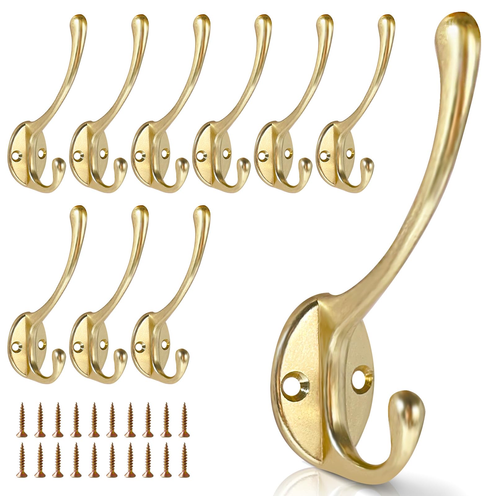 BRCRXW Wall Hooks for Hanging, 10-Pack Heavy Duty Metal Coat Hooks, for Living Room, Bathroom, Kitchen, Bedroom for Towel, Hat, Key, Closet, Bag (Gold)