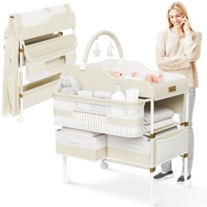 portable baby changing table with wheels - modern dresser changing tables w/hanging toys, laundry bag, changing table organizer boxes - folding waterproof baby diaper changing station for nursery