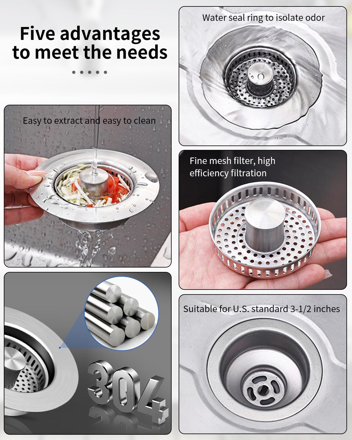 RLQXG 3 in 1 Kitchen Sink Drain Strainer [304 Stainless Steel Pop Up] Anti-Clogging Kitchen Sink Drain Stopper Stainless Steel Efficiently Drainage Odor Filter Sink Plug for Us Standard 3-1/2 Inch