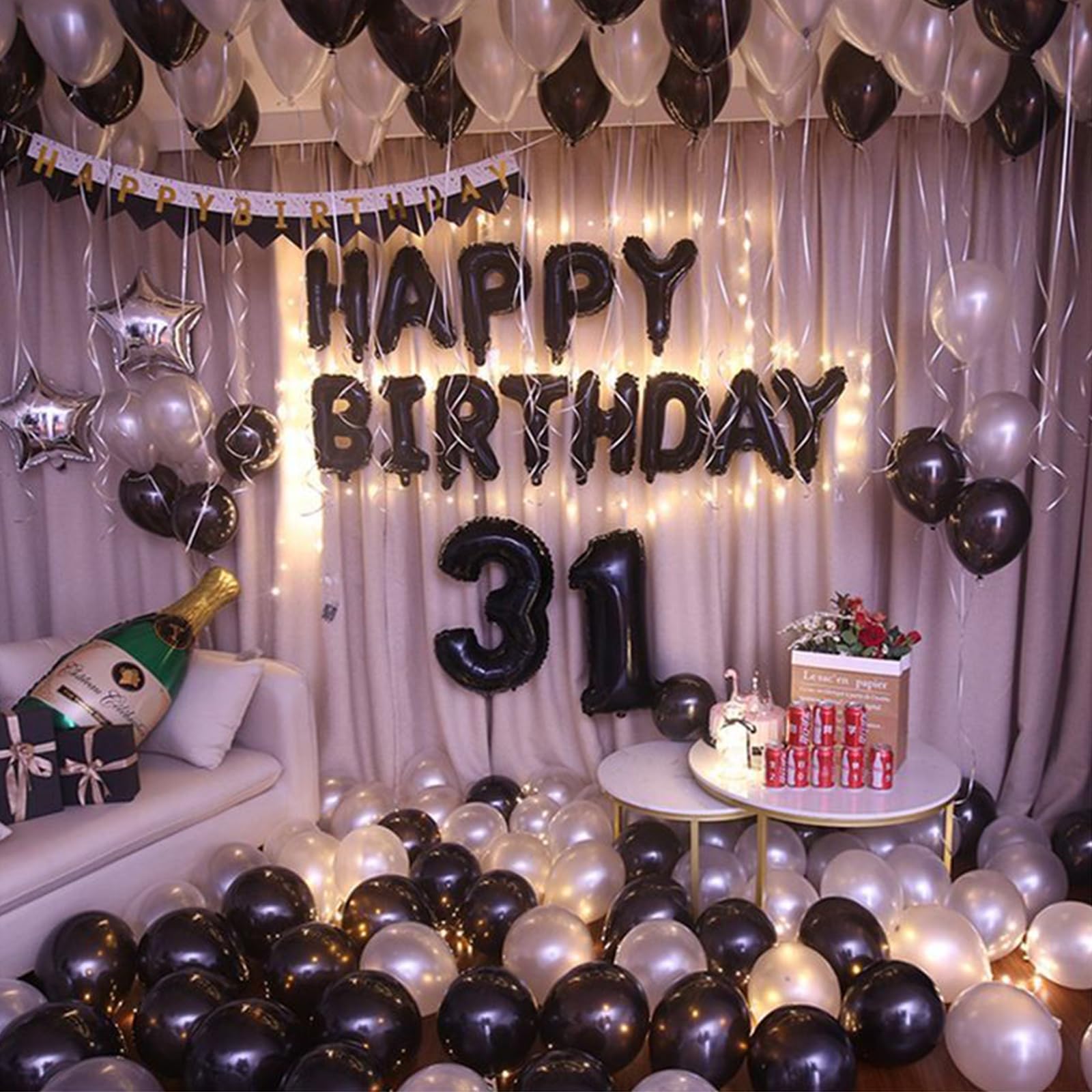 CANREVEL Happy Birthday Banner 13pcs 16 Inch Mylar Foil Letters Sign Balloons with LED Lights Birthday Party Decorations for Kids and Adults - 3D Black