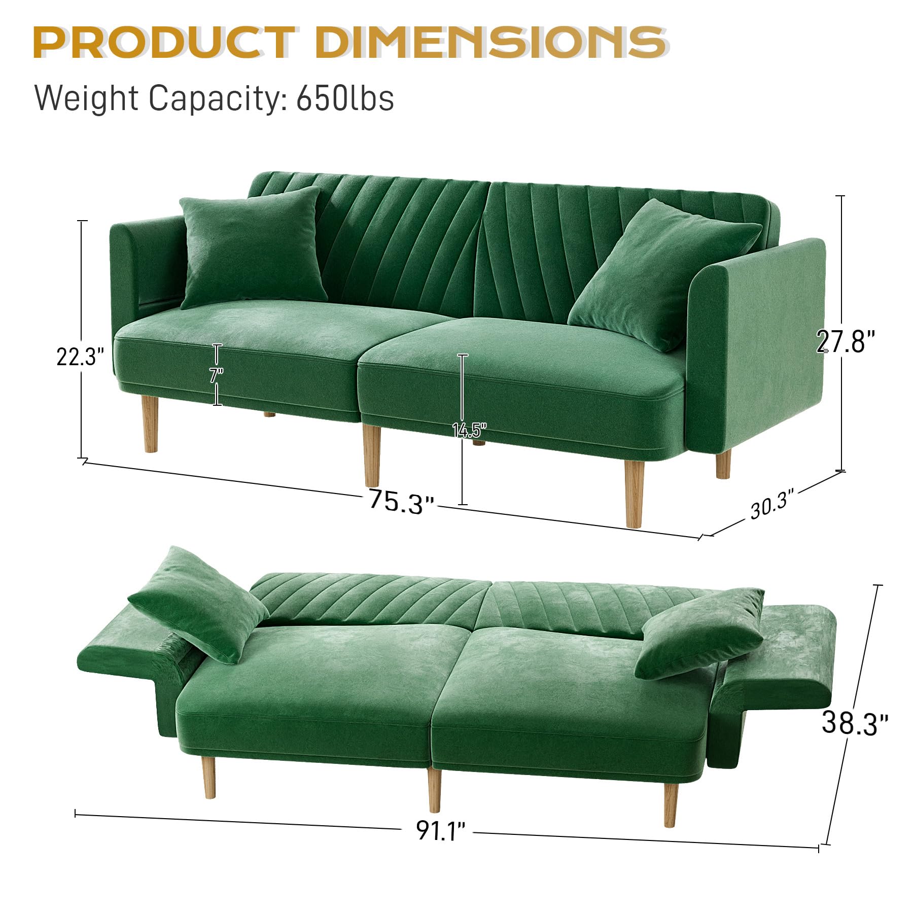 OUYESSIR Velvet Futon Sofa Bed, 75.3" Couch Small Sofa, Loveseat, Convertible Futon Sleeper Sofa with Folding Armrests, Modern Couch for Bedroom, Living Room, Emerald Green