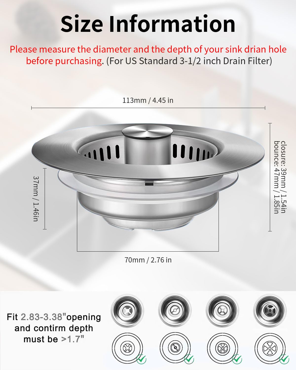 RLQXG 3 in 1 Kitchen Sink Drain Strainer [304 Stainless Steel Pop Up] Anti-Clogging Kitchen Sink Drain Stopper Stainless Steel Efficiently Drainage Odor Filter Sink Plug for Us Standard 3-1/2 Inch