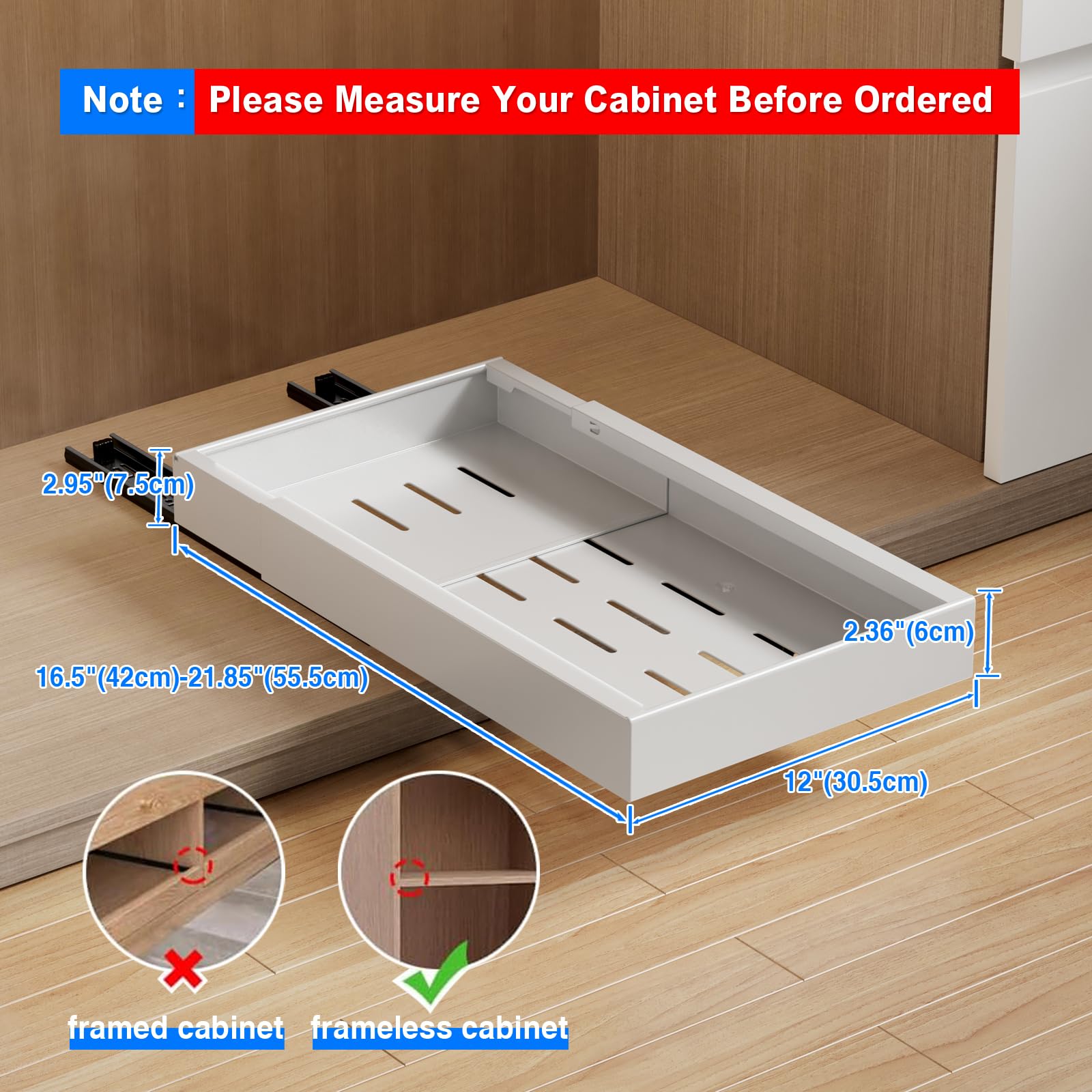 MUSTORN 2 Pack Pull Out Cabinet Organizer, 21.8" Deep Slide Out Drawer for Cabinets Adhesive Pull Out Drawers Heavy Duty Pull Out Shelves for Kitchen, Cupboard, Pantry, Bathroom-White