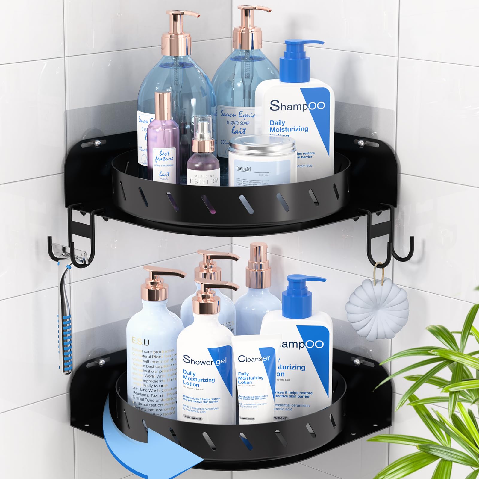 360°Rotating Corner Shower Caddy Shelf With 6 Hooks,2PACK Bathroom Lazy Susan Shower Organizer Corner with 5Pcs Adhesive,Stainless Steel Shower Racks for Inside Shower for Home Apartment Decor(Black）