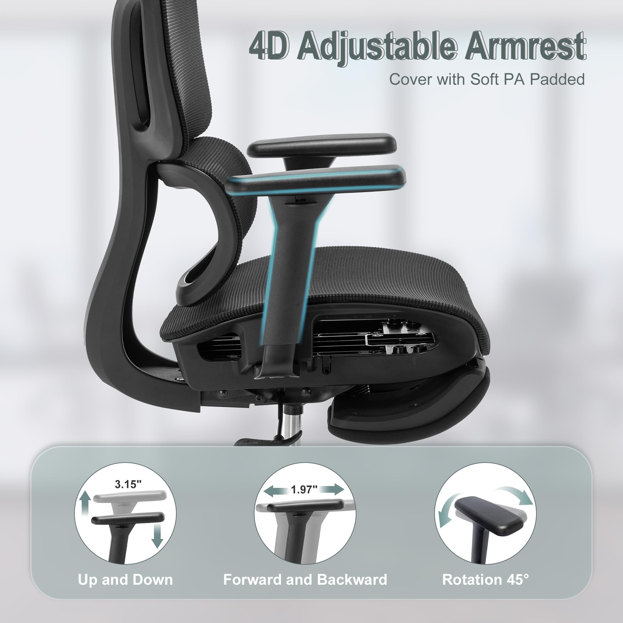 Ergonomic Office Chair with Footrest, Coat Hanger, Breathable All Mesh Home Office Desk Chair, Big and Tall Computer Chair with Metal Legs, Dynamic Lumbar Support, 4D Armrest, 3D Headrest, Black