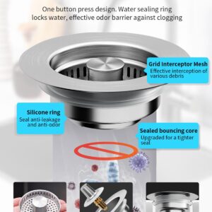 RLQXG 3 in 1 Kitchen Sink Drain Strainer [304 Stainless Steel Pop Up] Anti-Clogging Kitchen Sink Drain Stopper Stainless Steel Efficiently Drainage Odor Filter Sink Plug for Us Standard 3-1/2 Inch