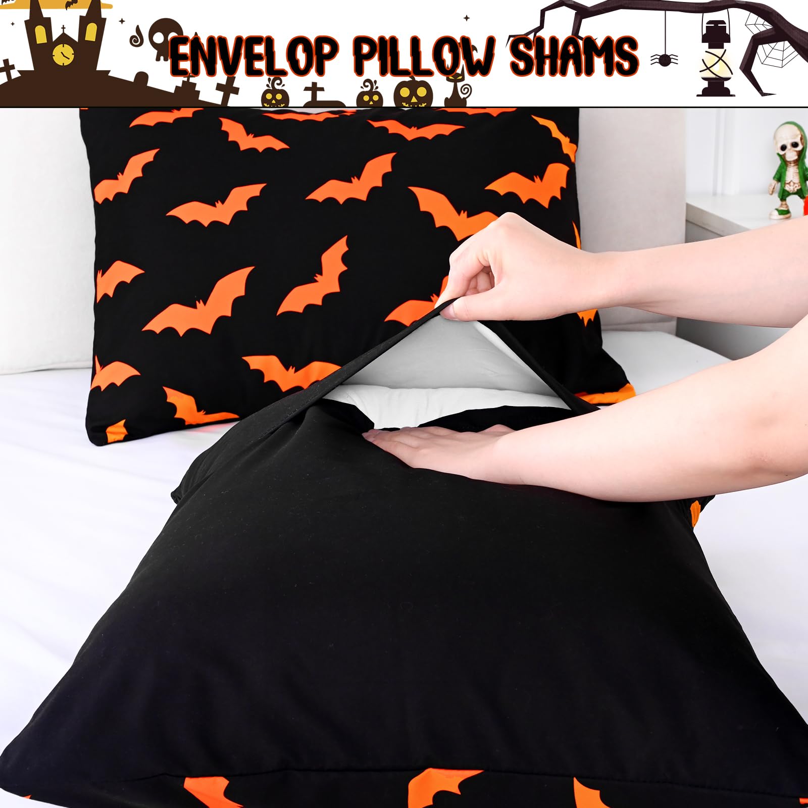 ASPMIZ 3 Piece Halloween Duvet Cover Queen Size Set, Black Bats Duvet Cover Set with Zipper Closure, Orange Flying Bat Comforter Cover Set 1 Duvet Cover 90 x 90 inches & 2 Pillow Shams