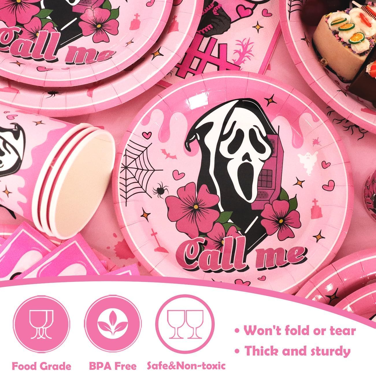 Halloween Decorations 121PCS Pink No You Hang Up Halloween Disposable Tableware Including Call Me Halloween Plates Halloween Cups Halloween Napkins and Halloween Tablecloths Serve 30