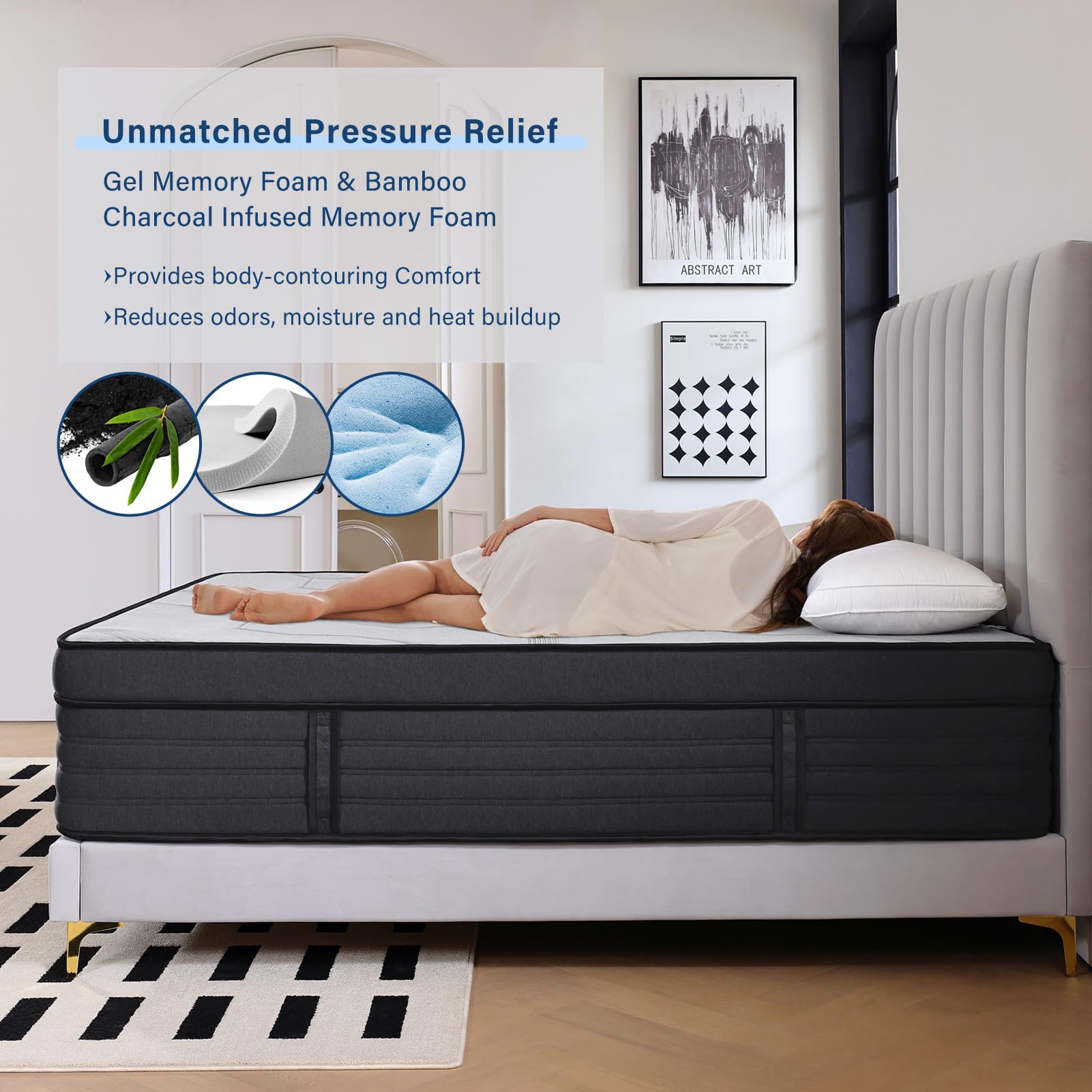 Suiforlun 15" King Mattress, Gel & Bamboo Charcoal Infused Memory Foam, Medium Euro Top Hybrid Pocket Spring Mattress for Restful Sleep, Enhanced Pressure Relief and Edge Support, 120 Nights Trial