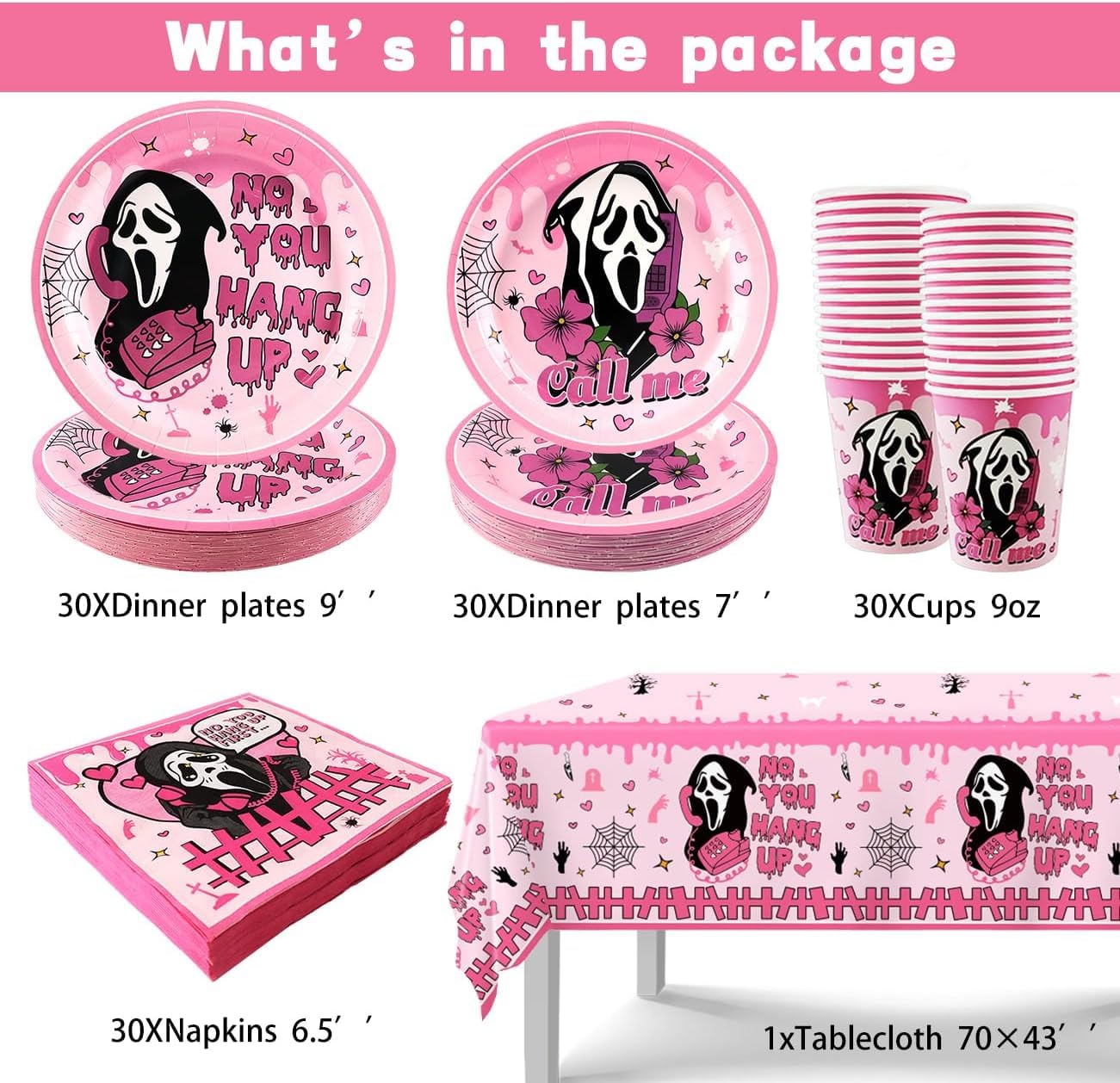 Halloween Decorations 121PCS Pink No You Hang Up Halloween Disposable Tableware Including Call Me Halloween Plates Halloween Cups Halloween Napkins and Halloween Tablecloths Serve 30