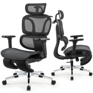 ergonomic office chair with footrest, coat hanger, breathable all mesh home office desk chair, big and tall computer chair with metal legs, dynamic lumbar support, 4d armrest, 3d headrest, black