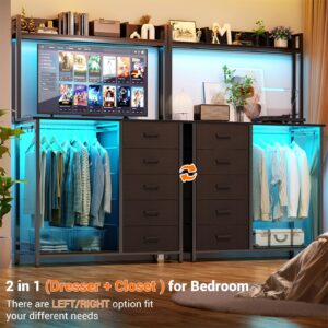 Cyclysio Dresser for Bedroom with Hutch & Clothes Rack, 70'' Tall 5 Drawers Dresser with Shelves, Black Dresser Closet with Charging Station & LED Lights, TV Stand Dresser with Hooks, Bedroom, Closet