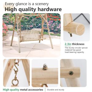 Swing and Swing Frame Combination Porch Swing with Stand Log Swing Stand 67 Inch Wooden Porch Swing A-Frame Backyard Swing Chair Outdoor Rustic Curved Garden Swing Bench, Nature