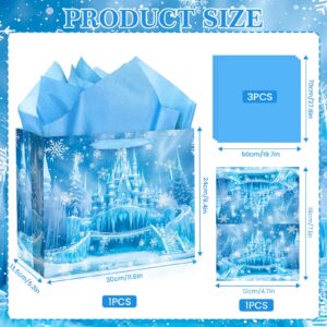 Large Frozen Gift Bag Snowflake Winter Birthday Favors Bags with Greeting Card and Tissue Paper Frozen Snowflake Castle Wrapping Paper Bags for Kids Girls Boys Birthday Party Decorations Supplies