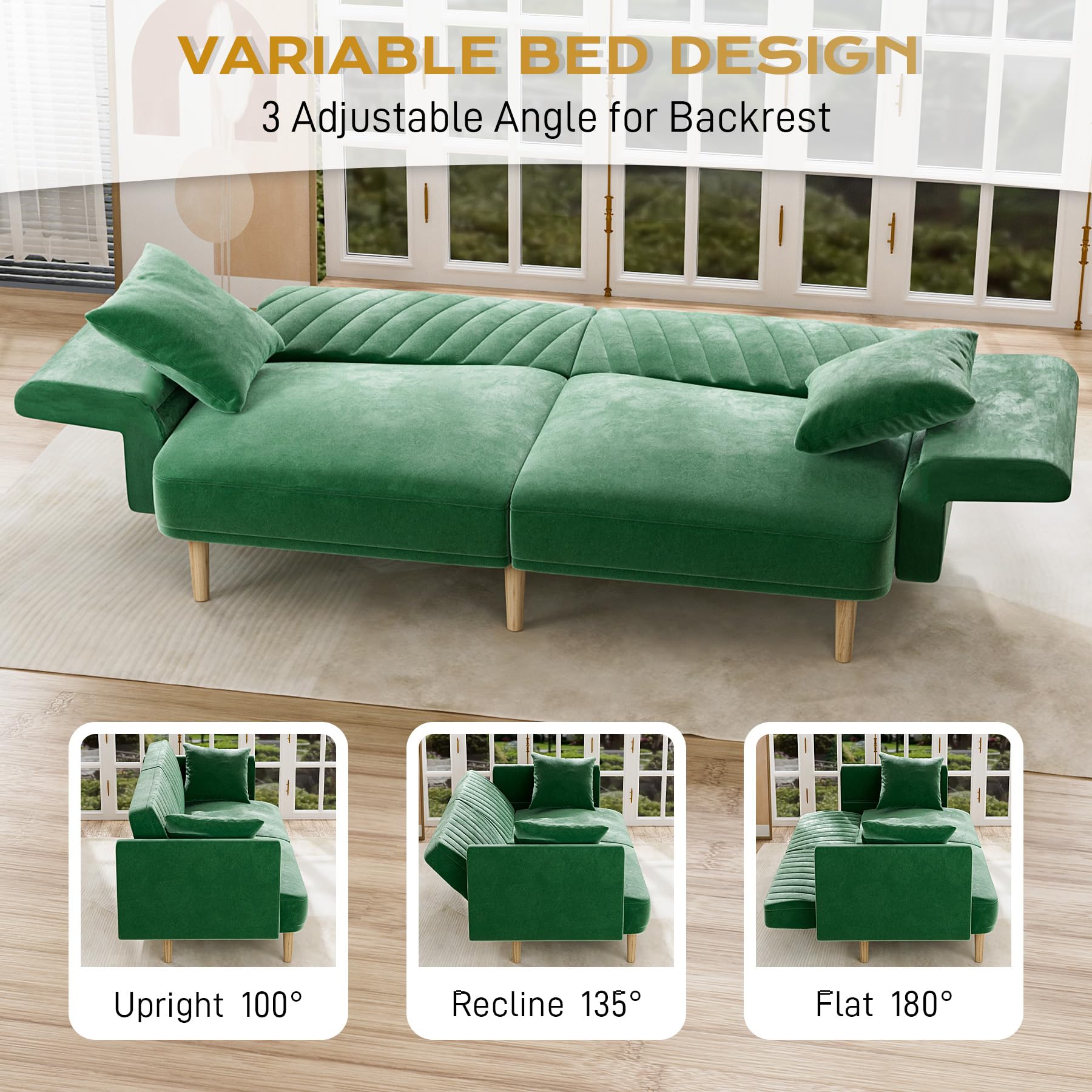 OUYESSIR Velvet Futon Sofa Bed, 75.3" Couch Small Sofa, Loveseat, Convertible Futon Sleeper Sofa with Folding Armrests, Modern Couch for Bedroom, Living Room, Emerald Green