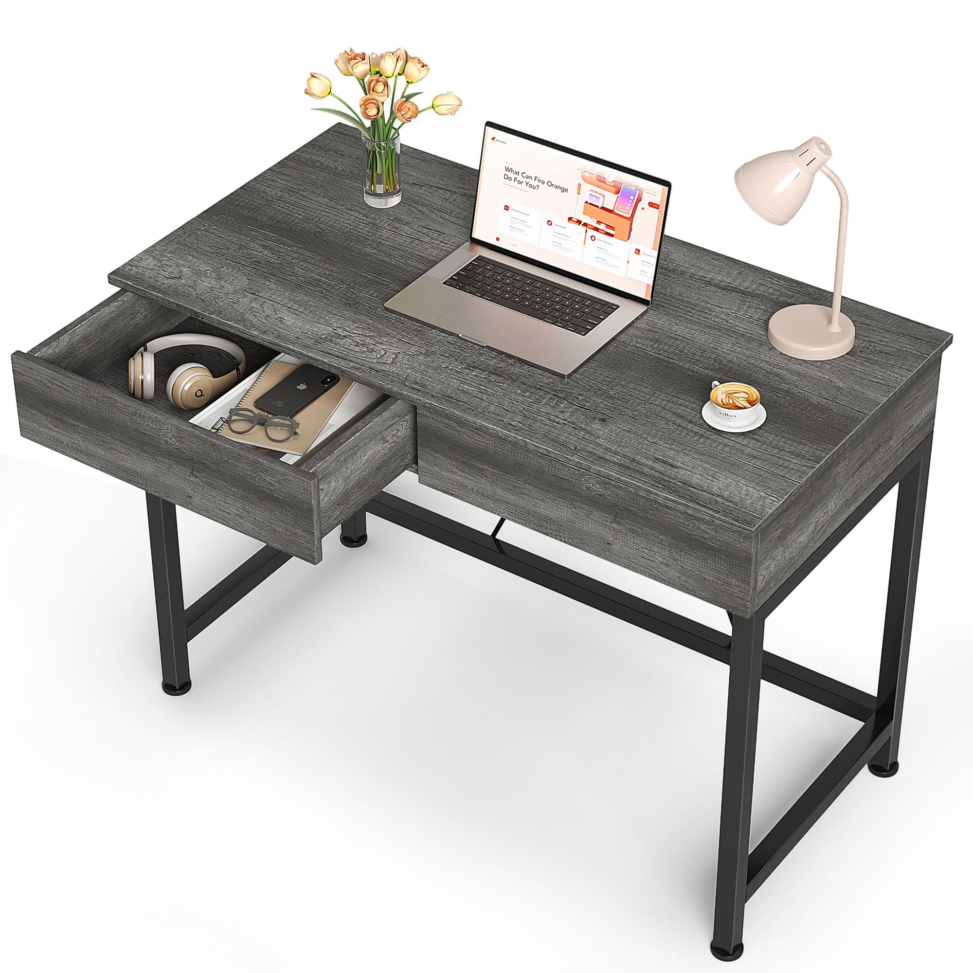 Mexin Small Desk with 2 Wooden Drawers, 40 Inch Home Office Writing Desk, Vanity Desk with Storage, Computer Desk for Bedroom Small Spaces, Desk Table for Office, Kids Study, Makeup, Grey Oak